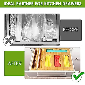 Ziplock Bag Organizer, Bag Storage Organizer for Kitchen Drawer, Plastic Wrap Dispenser with Cutter, 6 IN 1 Bamboo Foil and Plastic Wrap Organizer, Compatible with Gallon Quart Sandwich and Snack Bag