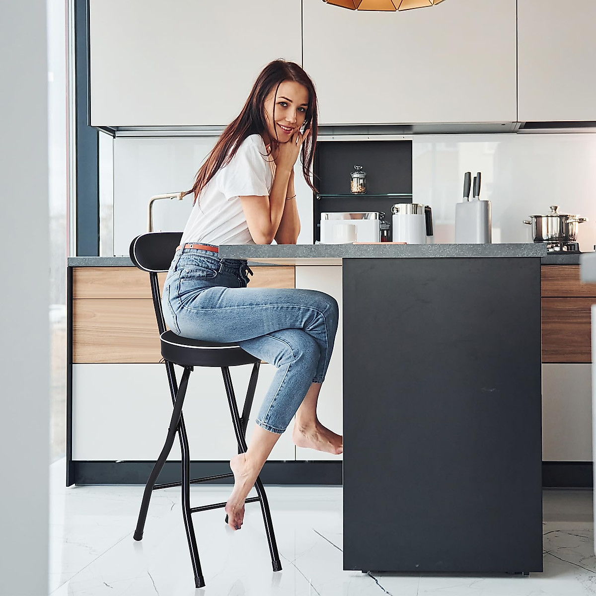 Thyle Folding Stool with Backrest 25.6 Inch Counter Height Folding Bar Stools with Cushioned Padded Foldable Portable Chairs for Adults Kitchen Garden Camping(Black,2 Pcs)