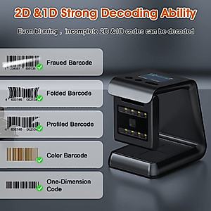 Alacrity 2D QR Wireless Hands-Free Omnidirectional Desktop Barcode Scanner, with Screen Display and Large Capacity Batteries, Compatible with Bluetooth & 2.4GHz Wireless, for Airport, Supermarket
