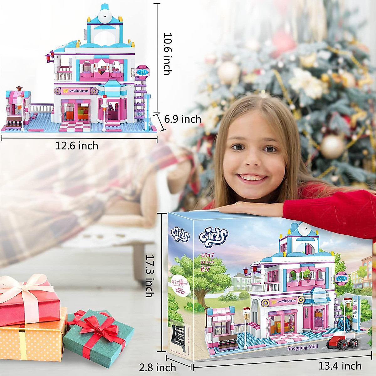 BRICK STORY Dream Girls Friends Shopping Mall Building Set 808 Pieces, with Supermarket and Restaurant Building Playset, 4 Mini Toy Figures, Girls Friends House Building Toys for Kids Age 6-12 8-14