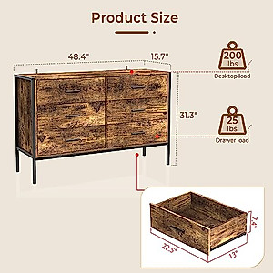 Lyromix Wood Dresser with 6 Drawers, Wide 48'' Wooden Storage Closet for Bedroom, Mid Century Modern Solid Clothes Cabinet with Sturdy Steel Frame, 48.43" W15.75 D31.30 H, 48inch, Dark Brown