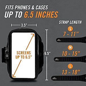 Armpocket Mega i-40 Arm Band, Phone Exercise Holder, Phone Armband for iPhone 12/13/14, 12/13/14 Pro, Galaxy S22+, Note 10, Pixel 7, & Devices w/Case Up to 6.5-Inch, 10 to 15-inch Black Medium Strap