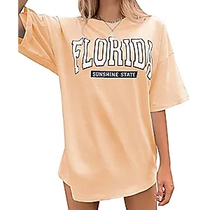 MISSACTIVER Women Florida Letter Graphic Print Tee Shirt Oversized Short Sleeve Crew Neck Drop Shoulder Casual T-Shirt Tops Apricot