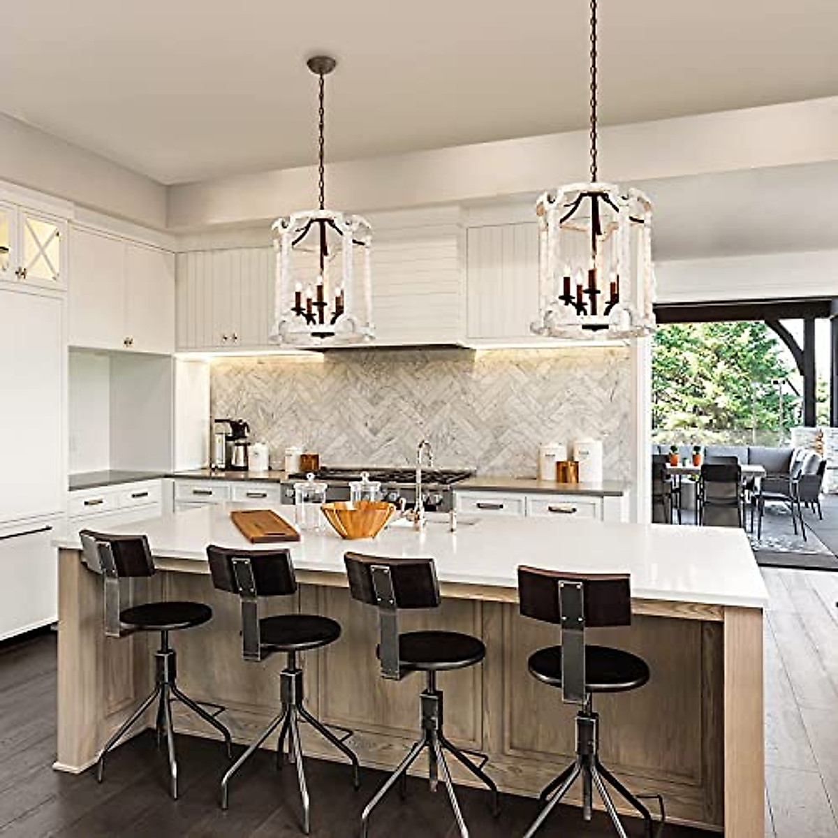 LOG BARN Farmhouse Chandelier, 5-Light Lantern Chandelier for Foyer, Kitchen Island, Dining Room, Weathered White Wood, 16.5’’ W