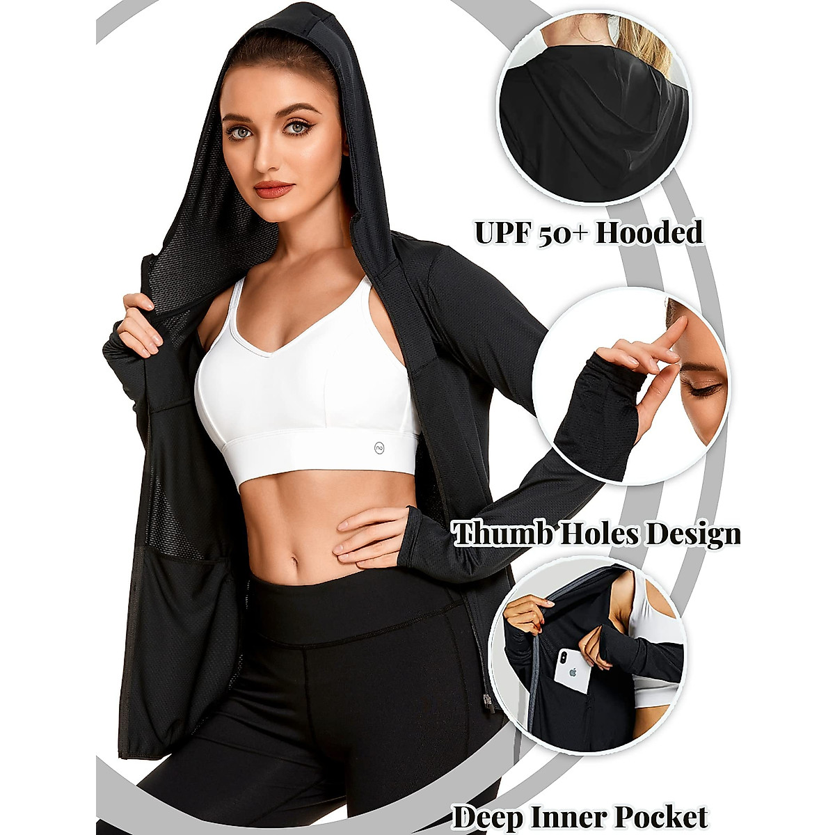 COOrun Women's UPF 50+ Sun Protection Hoodie Jacket Lightweight Full Zip Running Jacket Athletic Jacket with Thumb Holes Black M