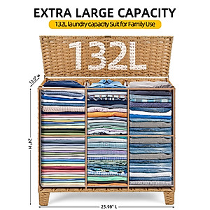 132 L Wicker Laundry Hamper with Lid 3 Section, Extra Large HandWoven Synthetic Rattan Wicker Laundry Basket with Removable Liner Bags for Bedroom Bathroom, Dirty Clothes Hampers Sorter Foldable