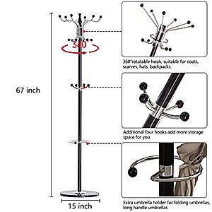 TNUEEIO 67" Metal Coat Rack Stand,Freestanding Swivel Coat Hanger Stand with Heavy Duty Marble Base and 16 Hooks，for Entryway, Home, Office, Coats, Jackets, Hat,Scarf (Black)