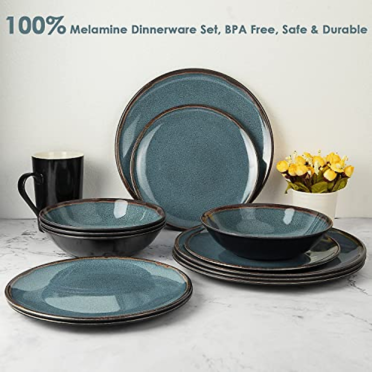 100% Melamine Dinnerware Sets 12 Piece Plate Bowl Set Dish Set For Outdoor & Indoor - Includes 4 Dinner Plates 4 Salad Plates and 4 Bowls Perfect For Every Day Use.