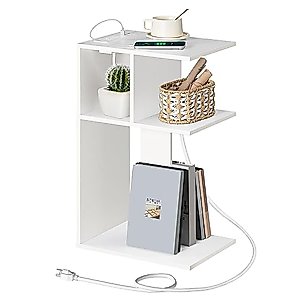 MAHANCRIS End Table with Charging Station, Narrow Side Table for Small Spaces, Slim Nightstand with Light, C-Shaped Beside Table with Storage Shelf, for Bedroom, Living Room, White ETWT78E01