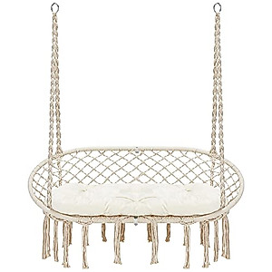 Homgava Hammock Chair Macrame Hanging Swing with Cushion,Hanging Cotton Ropes, Metal Frame, 450 lbs Capacity Indoor Outdoor, Patio, Balcony, Living,Deck, Yard, Garden(Double Swing) Beige