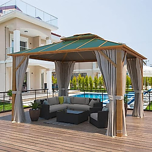 MELLCOM 10' x 12' Hardtop Gazebo, Wooden Finish Coated Aluminum Frame Outdoor Gazebo with Aluminum Double Roof, Blackish Green Metal Gazebo with Curtains and Nettings for Patios, Gardens, Lawns