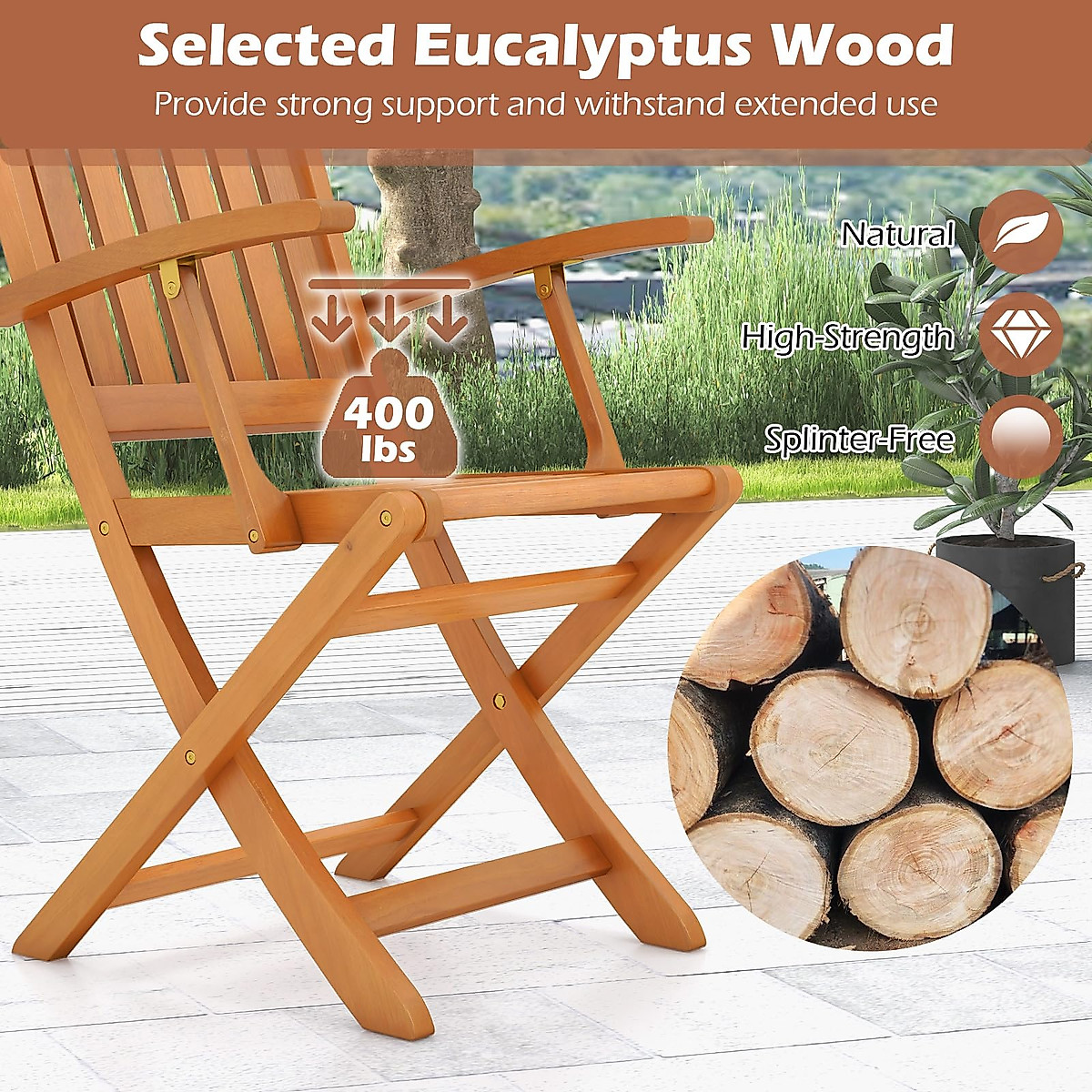 Tangkula Patio Wood Folding Chair Set of 2, Outdoor Eucalyptus Wood Dining Chairs w/Armrests & Slatted Seat, for Backyard, Porch, Poolside, Lawn, Garden, Load up to 400 LBS (1, Natural)