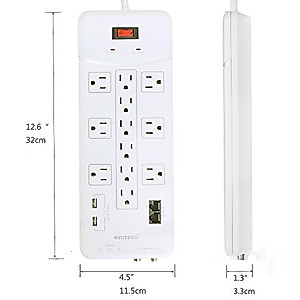 OviiTech 12 Outlet All-In-One Mountable Surge Protector Power Strip with2 USB Charging Ports(3.1A Total and Phone/Ethernet/Coax Protection,6 Foot Heavy Duty Extension Cord,4380 Joules,White,ETL Listed
