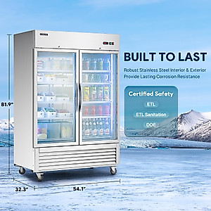 Wilprep Commercial Refrigerator, 54" 2 Glass Door Display Refrigerator with 42.2 cu. ft. Capacity, Reach in Merchandise Fridge Stainless Steel Beverage Cooler with Adjustable Shelves for Restaurant
