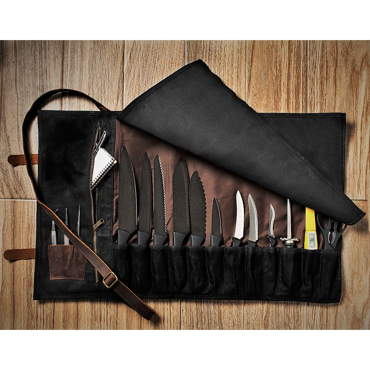 Asaya Waxed Canvas Knife Roll - 15 Knife Slots, Card Holder and Large Zippered Pocket - Genuine Leather, Cloth and Brass Buckles - for Chefs and Culinary Students - Knives Not Included