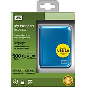 WD My Passport Essential 500 GB USB 3.0/2.0 Portable External Hard Drive (Pacific Blue)