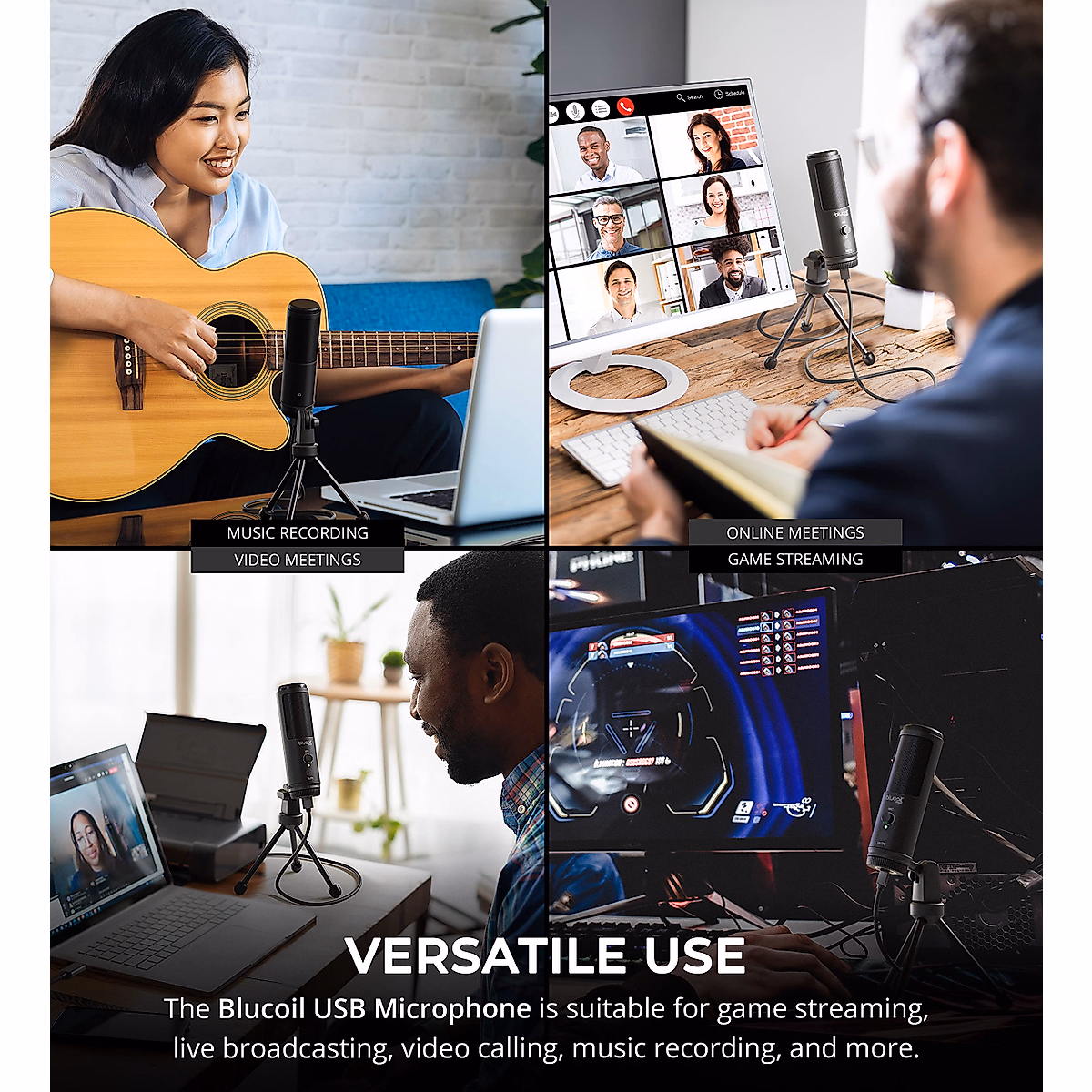 Blucoil USB Cardioid Condenser Microphone with 3.5mm Headphone Jack, Volume Control, Mute Button, and Tripod - Compatible with Mac, Windows, Linux, Chrome, Zoom, Google Meet, Microsoft Teams, and more