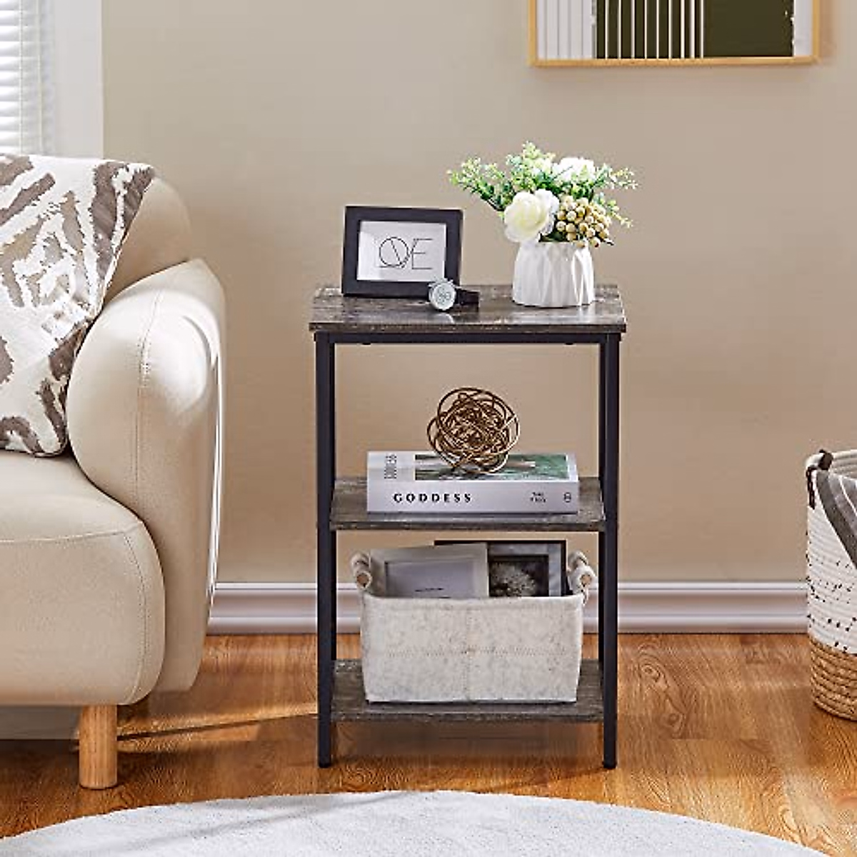 VECELO End Side Table with Storage Shelf, Industrial Night Stand, 3-Tier Small Nightstand for Living Room, Bedroom