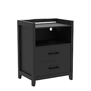 EPHEX LED Nightstands Set of 2, Black Night Stand with Charging Station and 2 Drawers, Wood End Side Table with USB Ports, Bedside Table for Bedroom