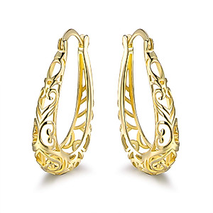 Barzel 18K Gold Plated Filigree Hoop Earrings For Women (Gold)