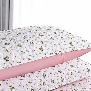 Nanko Quilt Set Queen Full Size 3 Pcs, White and Pink Floral Green Flower Pattern Bedspreads, Soft Lightweight Coverlet Bed Spreads, Farmhouse Thin Quilted Comforter Bedding Sets for Women Girls 90x90