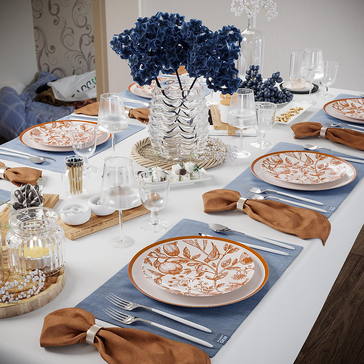 Trendables 40 Piece Plastic Disposable Plates Set For 20 Guests I 20 X 8 Inch Dessert Plates & 20 X 10 Inch Disposable Plastic Plates | Thanksgiving Plates | White & Brown Pomegranate Design