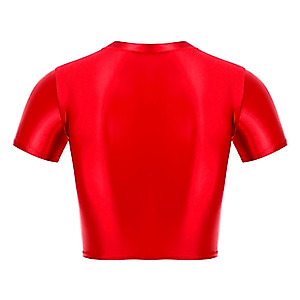 Yihuimin Men's Shiny Oil Short Sleeve Crop Tops Shirt Gym Sports Workout Compression T-Shirt Blouse Red Large