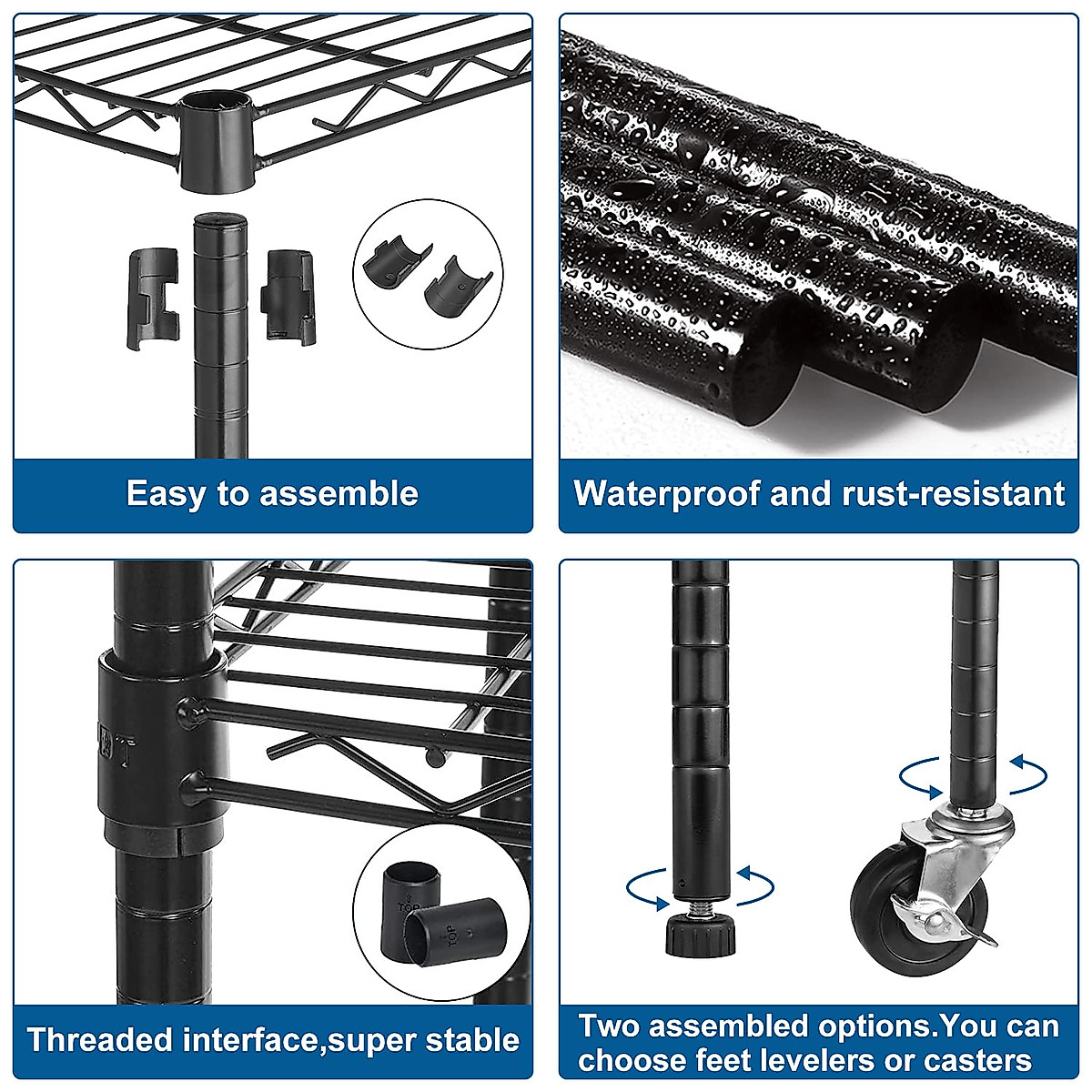 FLL 6 Tier Metal Wire Shelving Unit Garage Shelving Wire Shelving for Garage Kitchen,NSF Certification Metal Storage Shelf Rack Shelf Heavy Duty Shelves Height Adjustable with Wheels,48×18×82,Black