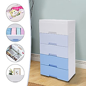 Plastic Drawers Storage Cart Mobile Cabinet with Casters, 5 Drawer Stackable Vertical Clothes Storage Tower Tall Chest Closet, Large Containers Organizer Unit (12"D x 18"W x 33"H - Blue)