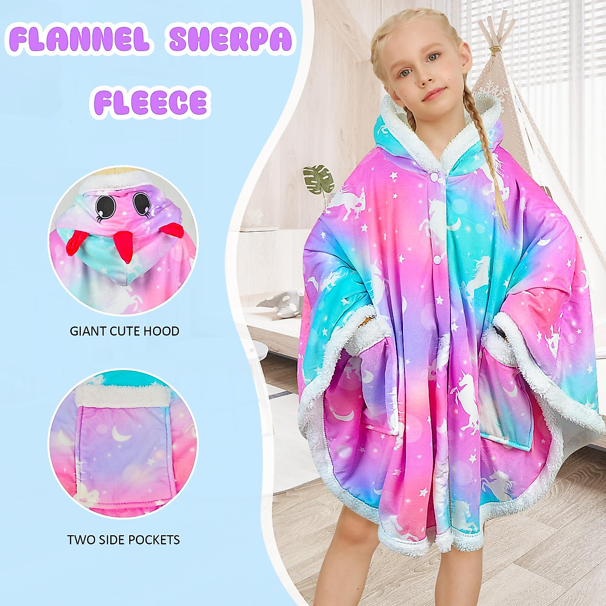 Fiodrimy Kids Wearable Blanket Hoodie Angel Wrap Hoodie Blanket Girls Uniorn Poncho Wrap Throw Cape Shawl 3-10 Years Gifts