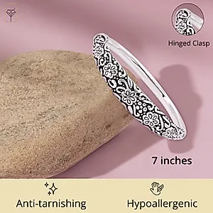 MAX + STONE Lightweight 925 Sterling Silver Bracelet for Women | 7 Inch Floral Bangle with Hinged Clasp | Anti-tarnishing Sterling Silver Bangle Bracelet for Women | Silver Bangles for Women