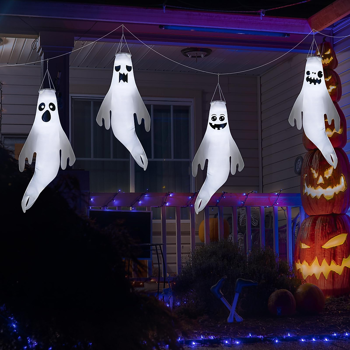 4 Pcs 45 Inch Halloween Hanging Ghost Decorations Outdoor Ghost Windsock Outsider Waterproof Timed Hanging Ghost Decorations Remote Control String of Lights Tree Ghost (Warm and Cold Lights)