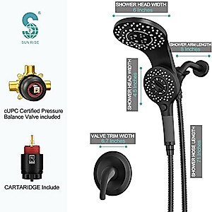 SR SUN RISE Magnetic Shower Faucets Sets Complete 8-Spray 2-in-1 Dual Shower Head with Handheld Combo and ON/OFF Switch for Saving Water Single-Handle Shower Faucet, Matte Black (Valve Included)