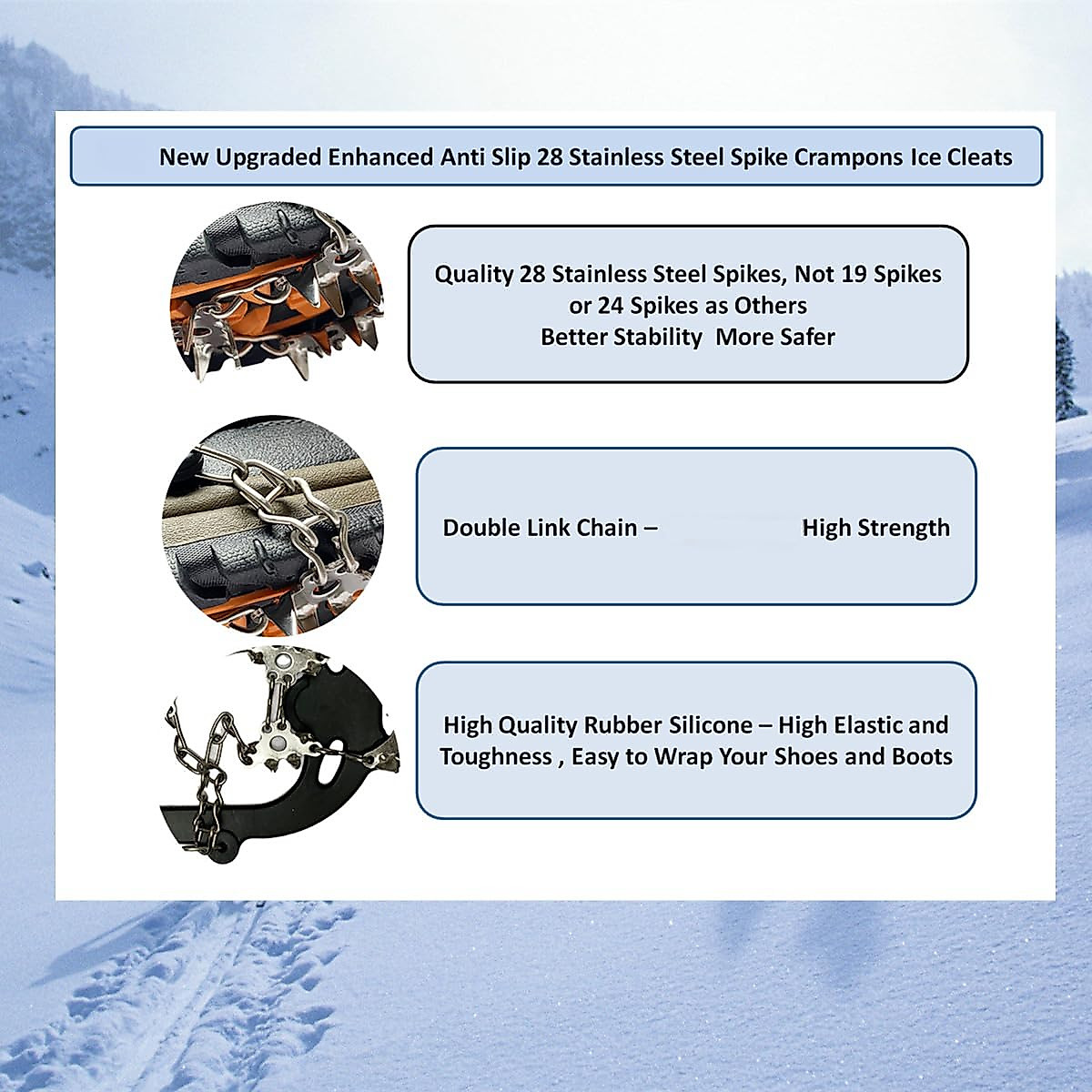 Crampons Ice Cleats Traction Snow Grips for Shoes and Boots Anti Slip Stainless Steel 28 Spikes Ice Crampons for Men Women Kids - Microspikes for Hiking, Walking, Climbing, Jogging, Ice Fishing Snow