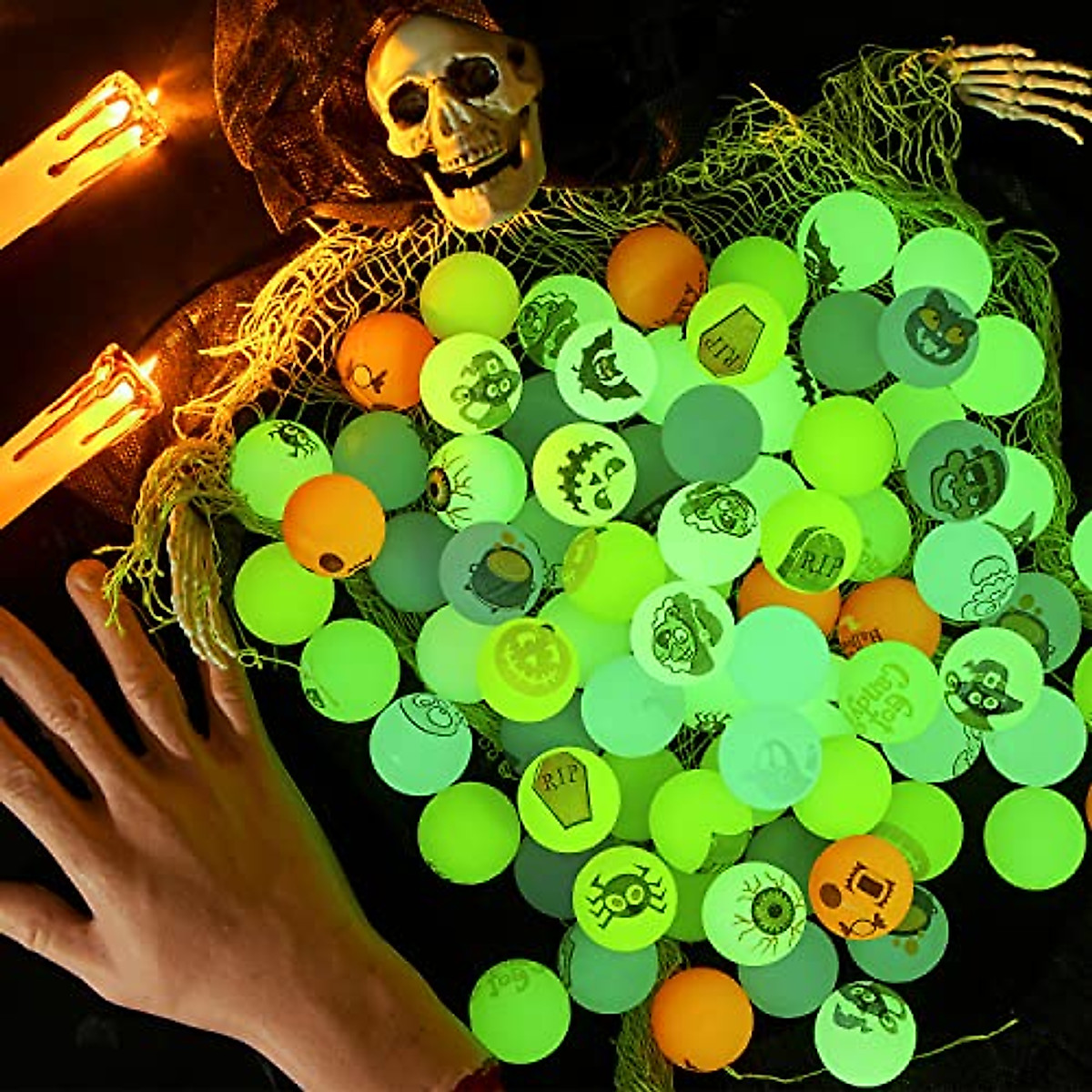 JOYIN 100 Halloween Theme, Glow in The Dark Bouncing Balls, 20 Designs for Halloween Party Supplies, Trick or Treating Goodies