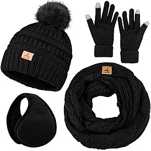 Winter Hat Scarf Gloves and Ear Warmer, Warm Knit Beanie Hat Touch Screen Gloves Set Winter Gifts Neck Scarves for Women Black