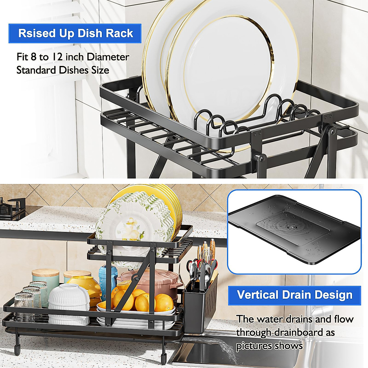 YKLSLH Dish Drying Rack, Collapsible Dish Racks for Kitchen Counter, 2 Tier Sturdy Dish Drainer with Utensil Holder-Kitchen Drying Rack