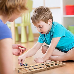 Ceebyfa Mancala Board Game for Kids, Adults & Family. Includes Folding Rubber Wood Board, 48+10 Mancala Stones & Instruction. Classic & Portable Marble Game for Travel.(Natural Color)