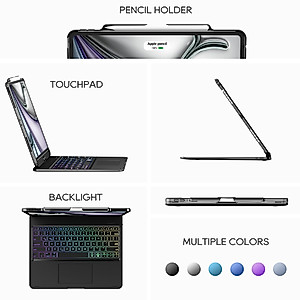 edaiser Swivel Keyboard Case for Apple iPad Pro 12.9 inch 6th Generation 5th 4th 3rd Gen; Wireless Rotatable Cover with Pencil Holder, Multi-Touch Trackpad, Backlit, Black