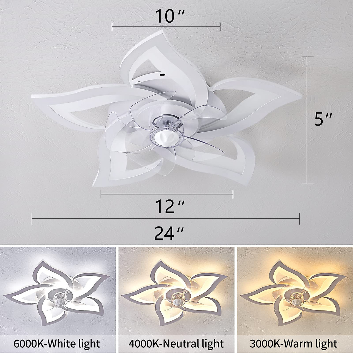 HuixuTe Ceiling Fan with Lights Remote Control, 3 Colors, 6 Speeds, 24" Geometric Bladeless Ceiling Fan, White Low Profile Ceiling Fan with Light for Kitchen Bedroom