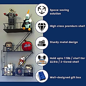 KOTIJOKI Fire Escape Wall Shelf - New York Metal Decorative Shelf with Screwdriver & Screws, Rustic Wall Shelves for Bedroom, Home Décor, Action Figure Display (3-Tier Black Floating Shelves)