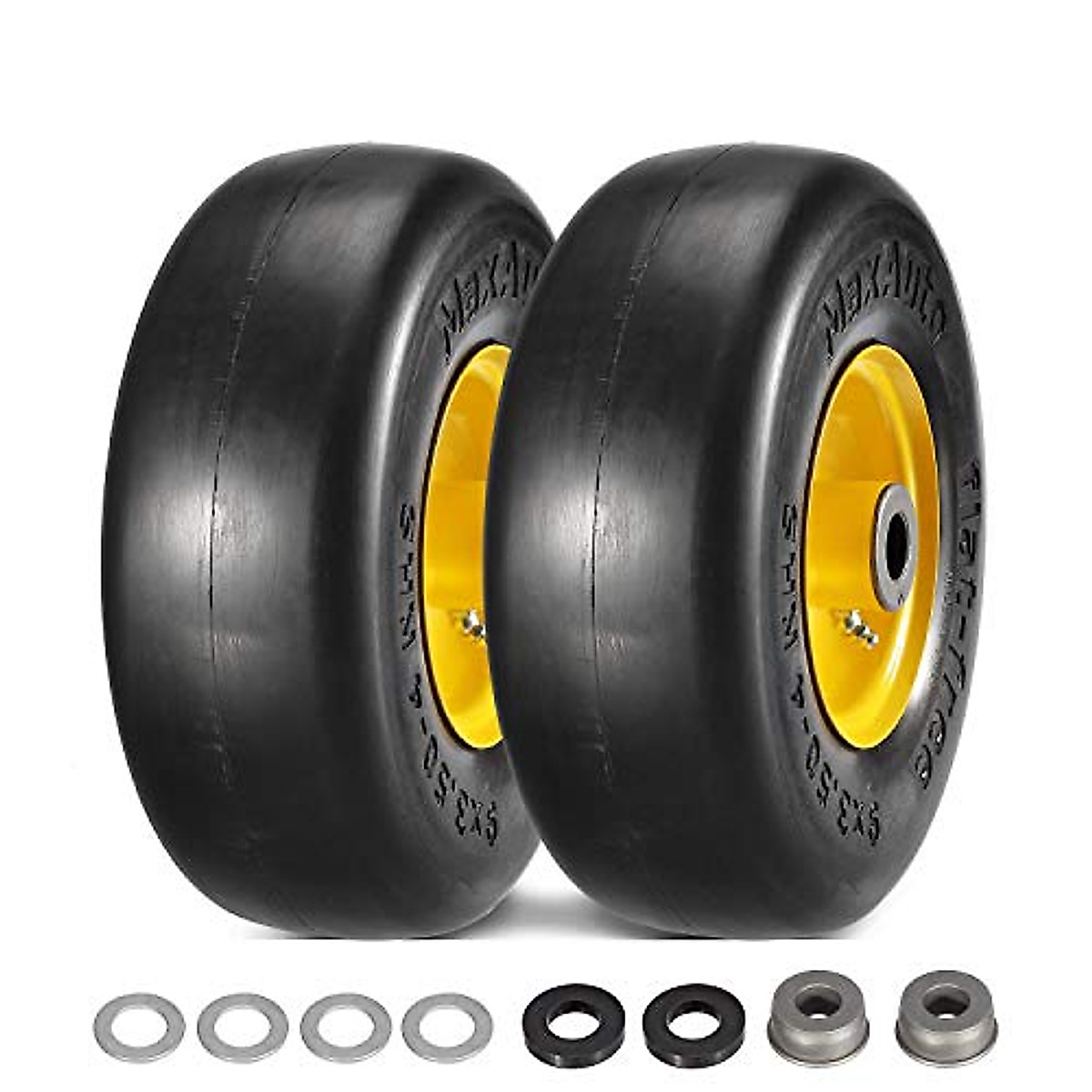 MaxAuto 2PCS 9x3.50-4" Flat Free Lawnmower Tire on Wheel, 3.5" Centered Hub, 3/4" Bushings(Universal Adapter Kit Include: 2pcs 5/8" Sintered Iron Bushings, 2pcs 1/4" Nylon Spacers, 4pcs Steel Washers)