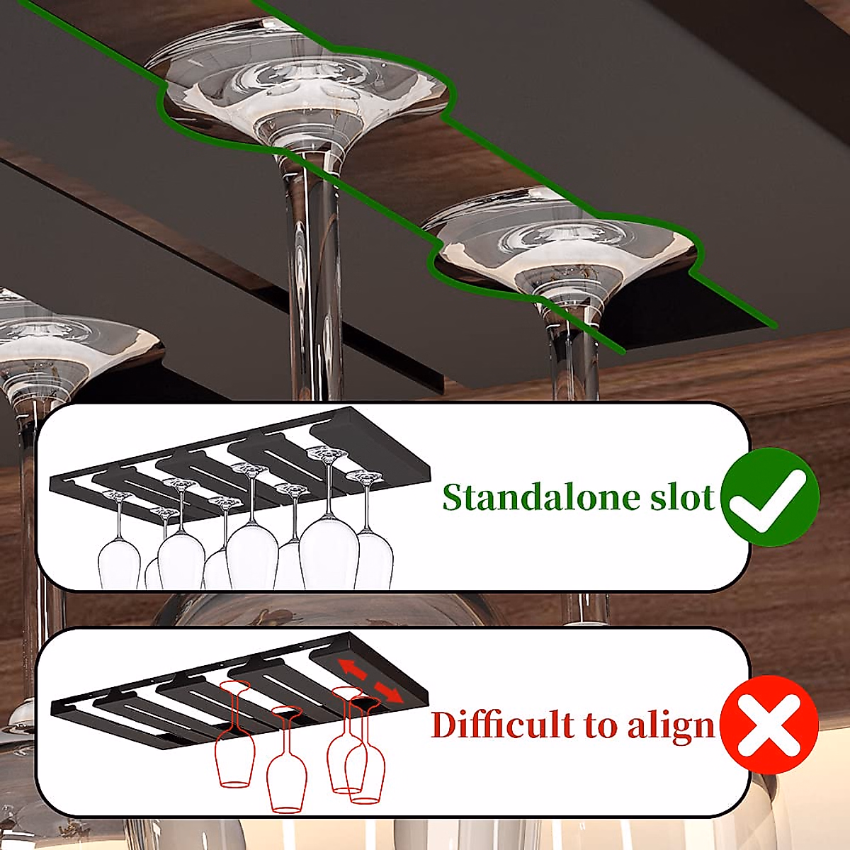 WSVILLE Wine Glass Rack - Under Cabinet Stemware Rack, Wine Glass Holder Glasses Storage Hanger Stainless Steel Material for Kitchen,Bar,Restaurant,Screw Install, Black