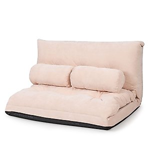 COSTWAY Convertible Floor Sofa Couch with 2 Waist Pillows, Folding 6-Position Adjustable Loveseat with Corduroy Fabric, Metal Frame, Upholstered Floor Couch Lounge for Reading Playing Gaming (Brown)