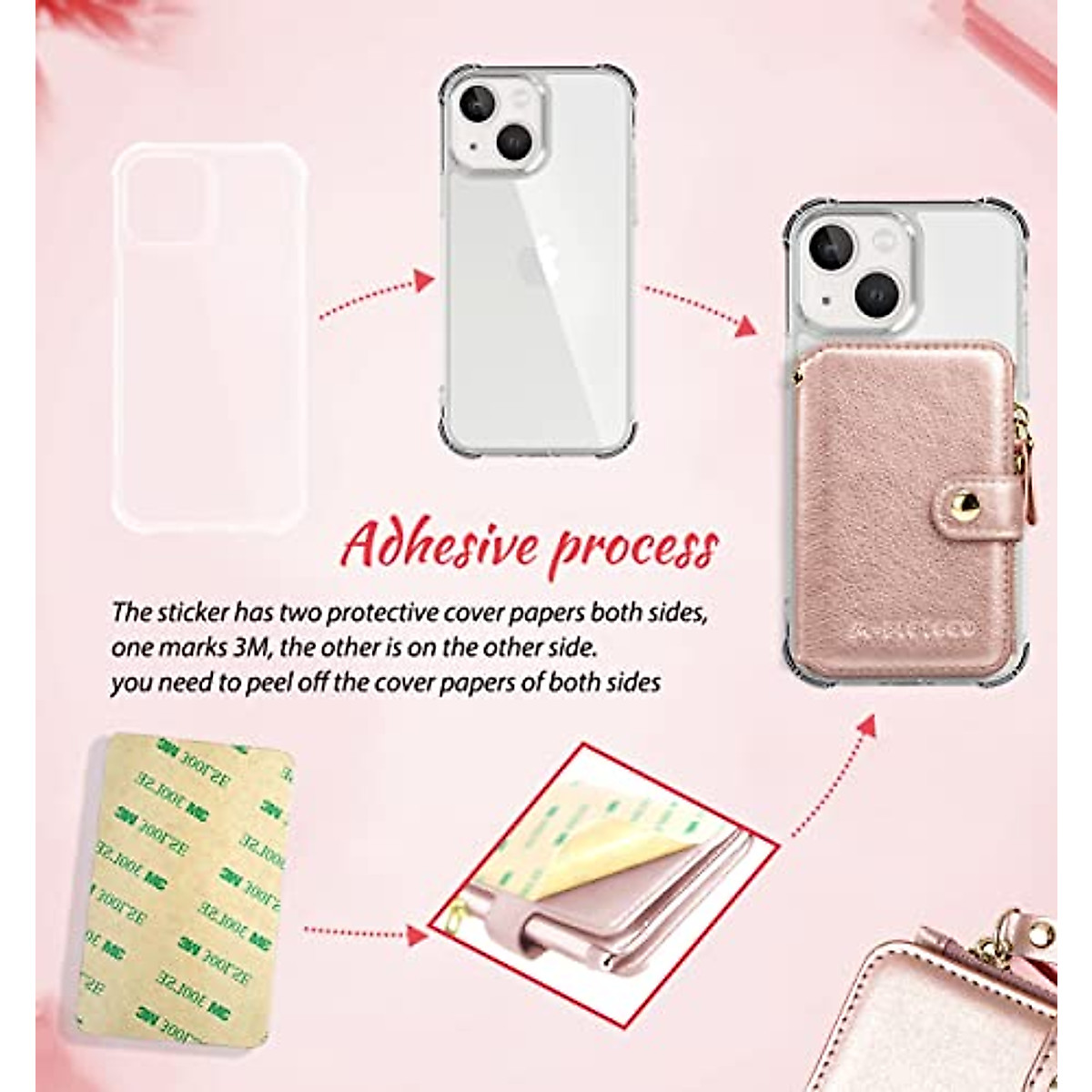 M-Plateau Phone Wallet, PU Leather Card Holder with Zipper Coin Pocket Compatible with iPhone 14 and iPhone Case for Women 3M Adhesive Phone Card Holder with Magnetic Closure(Pink)