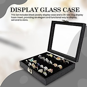Novel Box Ring Display Glass Case Black 8.25x7.25x2 Inches with 36-Slot Black Ring Foam Insert - Travel Ring Case with Metal Clasp - Jewelry Box to Keep Rings Dust Free & Secure