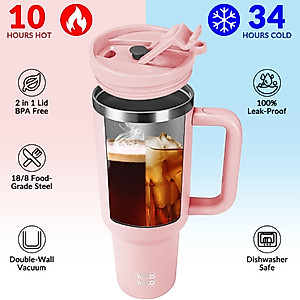 WETOWETO 40oz Tumbler with Handle and Lid | 100% Leakproof Insulated Stainless Steel Travel Mug | Keeps Cold 34Hrs/Hot 10Hrs | Dishwasher Safe, Fits Car Cup Holder (Blush Color)