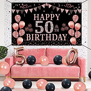 Trgowaul 50th Birthday Decorations Women - Black Rose Gold Happy 50th Birthday Banner Backdrop, 60 Pcs Latex Confetti Balloons and 50 Number Balloons 50 Years Old Birthday Party Supplies Gifts for her