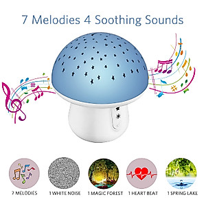 Baby Sleep Soother, Mushroom Baby White Noise Sound Machine with Moon and Star Projector, Portable Baby Sleep Aid Must Have Essentials for New Born, 4 Natural Soothing Sounds 7 Calming Melodies (Blue