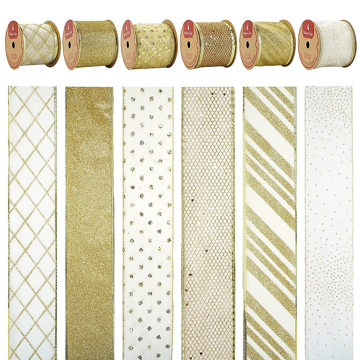 HUIHUANG Gold Christmas Ribbon - 2.5 inch Wide Gold Wire Edge Ribbons for Tree Decorations, Crafts, Gift Wrapping, Wreath, Garland, Bows - 6 Rolls x 6 Yards